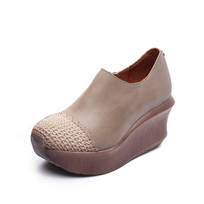 S167 new first layer cowhide ethnic style literary platform single shoes handmade cotton and linen woven platform women'