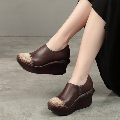 S167 new first layer cowhide ethnic style literary platform single shoes handmade cotton and linen woven platform women'
