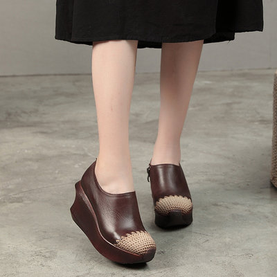 S167 new first layer cowhide ethnic style literary platform single shoes handmade cotton and linen woven platform women'