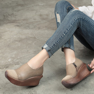 S167 new first layer cowhide ethnic style literary platform single shoes handmade cotton and linen woven platform women'