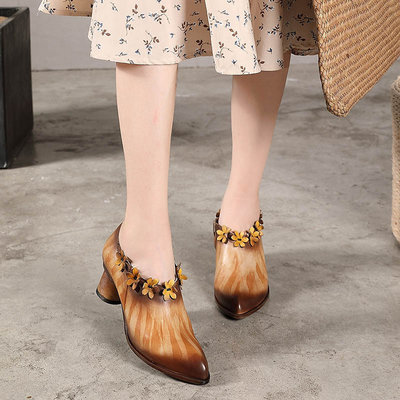 S171 Factory genuine leather handmade original pointed high heel women's shoes 2019 autumn and winter new literary flowe