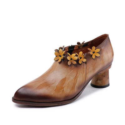 S171 Factory genuine leather handmade original pointed high heel women's shoes 2019 autumn and winter new literary flowe