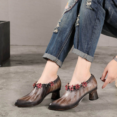 S171 Factory genuine leather handmade original pointed high heel women's shoes 2019 autumn and winter new literary flowe