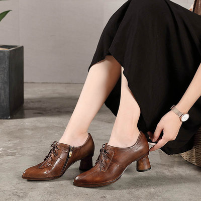 S173 Factory retro oil wax leather autumn and winter new high heels temperament wild fashion handmade ethnic style women