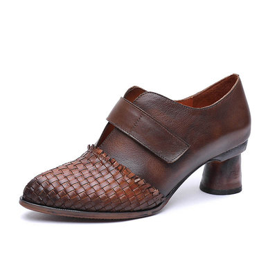 S174 Factory autumn and winter new pointed toe woven leather handmade women's shoes fashion all-match Sen style literary
