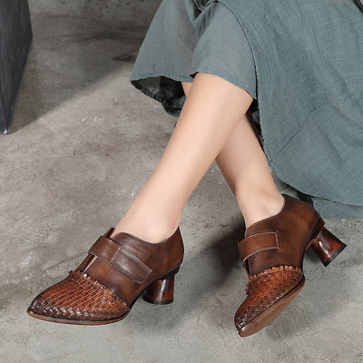 S174 Factory autumn and winter new pointed toe woven leather handmade women's shoes fashion all-match Sen style literary