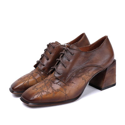 S176 2020 autumn and winter new square head lace high heel women's shoes retro ethnic art handmade leather fashion singl