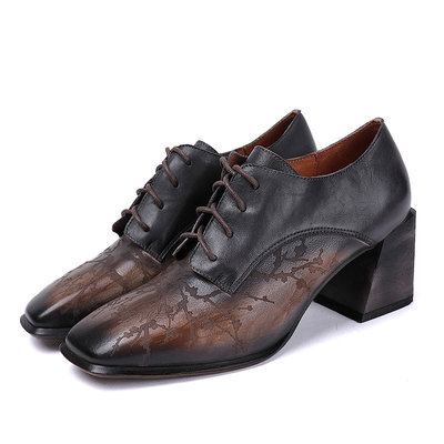 S176 2020 autumn and winter new square head lace high heel women's shoes retro ethnic art handmade leather fashion singl