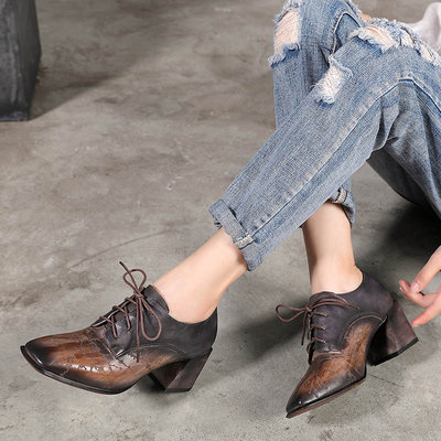 S176 2020 autumn and winter new square head lace high heel women's shoes retro ethnic art handmade leather fashion singl