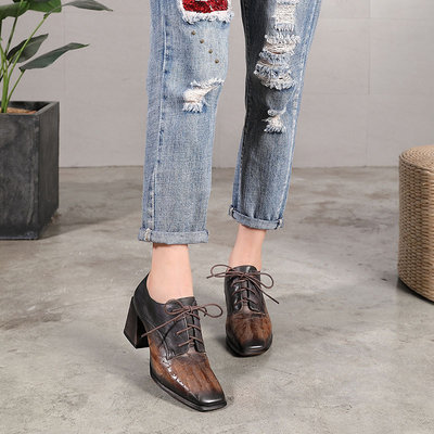 S176 2020 autumn and winter new square head lace high heel women's shoes retro ethnic art handmade leather fashion singl