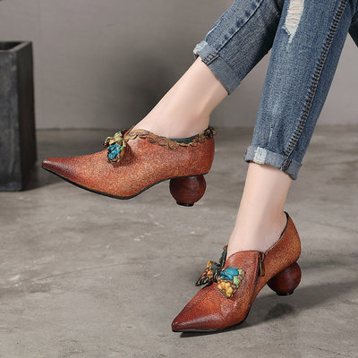 S179 Factory retro art handmade leather pointed high heels fashion wild autumn and winter new ethnic style women's shoes