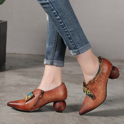 S179 Factory retro art handmade leather pointed high heels fashion wild autumn and winter new ethnic style women's shoes