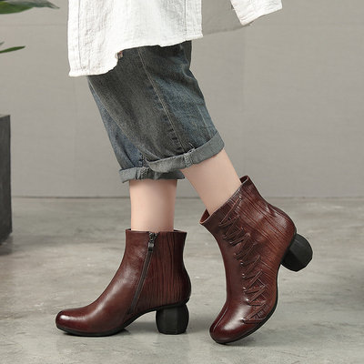 S182 Factory autumn and winter new handmade retro ethnic leather women's shoes in tube thick heel cowhide boots wholesal