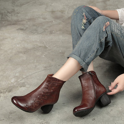 S182 Factory autumn and winter new handmade retro ethnic leather women's shoes in tube thick heel cowhide boots wholesal