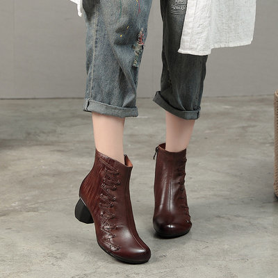 S182 Factory autumn and winter new handmade retro ethnic leather women's shoes in tube thick heel cowhide boots wholesal