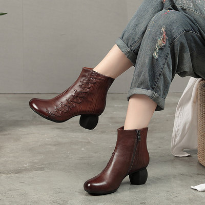 S182 Factory autumn and winter new handmade retro ethnic leather women's shoes in tube thick heel cowhide boots wholesal