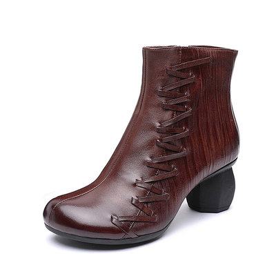 S182 Factory autumn and winter new handmade retro ethnic leather women's shoes in tube thick heel cowhide boots wholesal