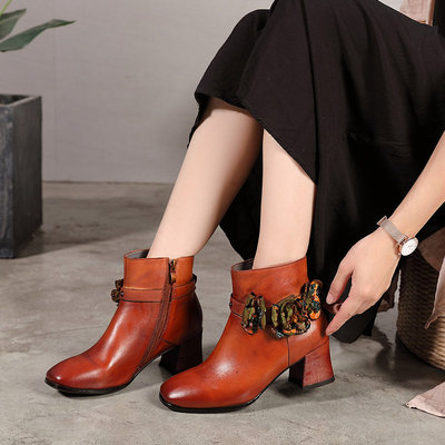 S183 Factory oil wax leather handmade retro women's shoes flower ethnic style high-heeled short boots fashion all-match