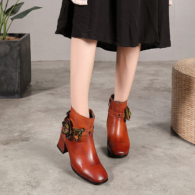 S183 Factory oil wax leather handmade retro women's shoes flower ethnic style high-heeled short boots fashion all-match