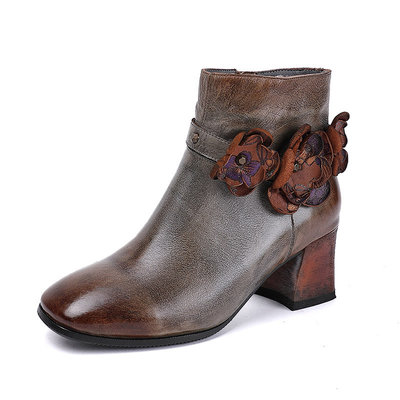 S183 Factory oil wax leather handmade retro women's shoes flower ethnic style high-heeled short boots fashion all-match