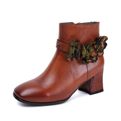 S183 Factory oil wax leather handmade retro women's shoes flower ethnic style high-heeled short boots fashion all-match
