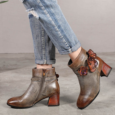 S183 Factory oil wax leather handmade retro women's shoes flower ethnic style high-heeled short boots fashion all-match
