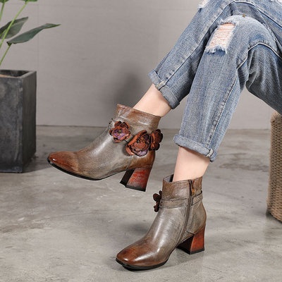S183 Factory oil wax leather handmade retro women's shoes flower ethnic style high-heeled short boots fashion all-match