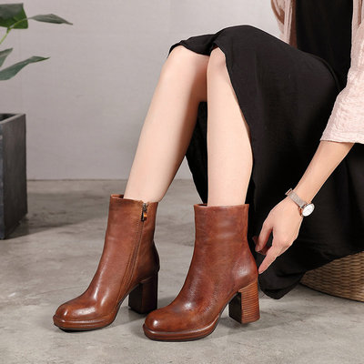 S184 Factory solid color thick high-heeled autumn and winter new style cowhide women's boots simple fashion all-match in