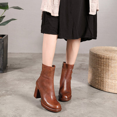 S184 Factory solid color thick high-heeled autumn and winter new style cowhide women's boots simple fashion all-match in