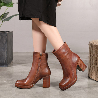 S184 Factory solid color thick high-heeled autumn and winter new style cowhide women's boots simple fashion all-match in