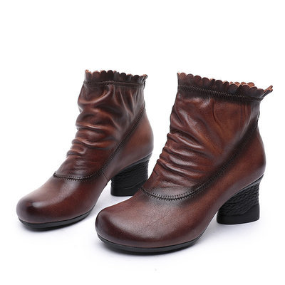 S187 2019 autumn and winter explosion models handmade leather natural fold retro women's boots high-heeled ethnic fashio