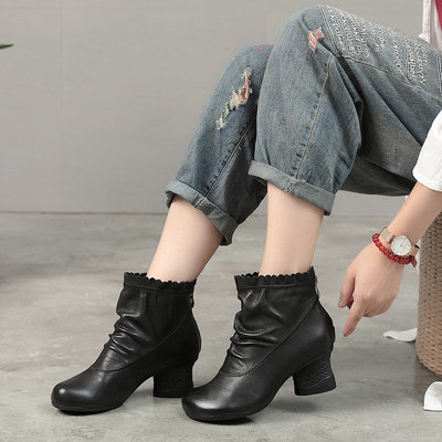 S187 2019 autumn and winter explosion models handmade leather natural fold retro women's boots high-heeled ethnic fashio