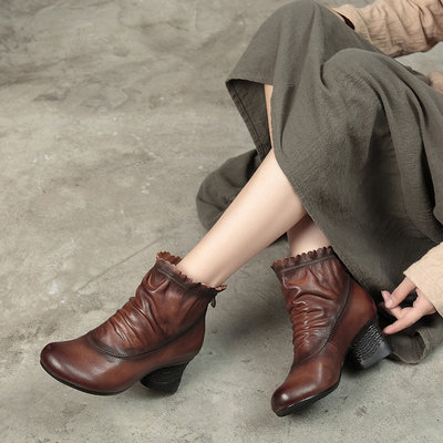 S187 2019 autumn and winter explosion models handmade leather natural fold retro women's boots high-heeled ethnic fashio