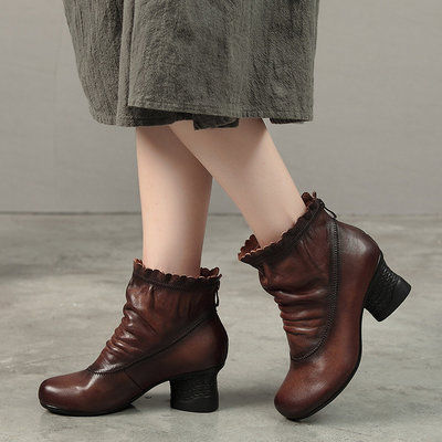 S187 2019 autumn and winter explosion models handmade leather natural fold retro women's boots high-heeled ethnic fashio
