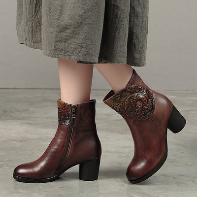 S188 Manufacturers hand-painted three-dimensional flower leather autumn and winter new style women's boots high-heeled m