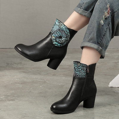 S188 Manufacturers hand-painted three-dimensional flower leather autumn and winter new style women's boots high-heeled m