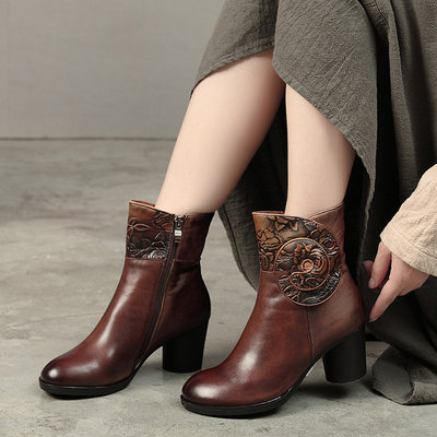 S188 Manufacturers hand-painted three-dimensional flower leather autumn and winter new style women's boots high-heeled m
