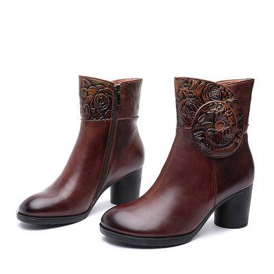 S188 Manufacturers hand-painted three-dimensional flower leather autumn and winter new style women's boots high-heeled m