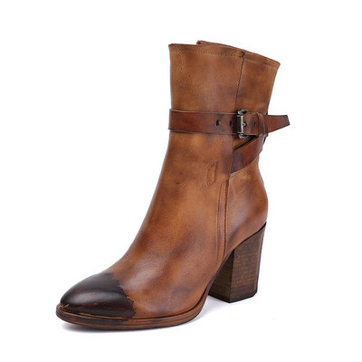 S196 2020 autumn and winter new pointed high heel retro weathered textured leather boots ethnic style women's shoes fact
