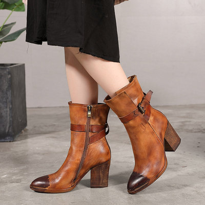 S196 2020 autumn and winter new pointed high heel retro weathered textured leather boots ethnic style women's shoes fact