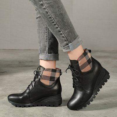 S200 Factory autumn and winter new lace-up wedge-heel trifle short-tube handmade women's boots increase stability and re