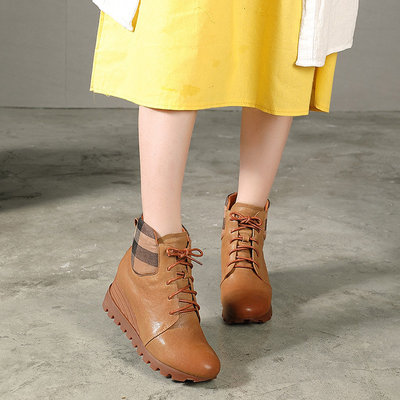S200 Factory autumn and winter new lace-up wedge-heel trifle short-tube handmade women's boots increase stability and re
