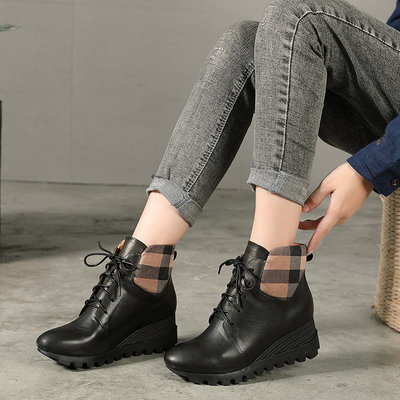 S200 Factory autumn and winter new lace-up wedge-heel trifle short-tube handmade women's boots increase stability and re