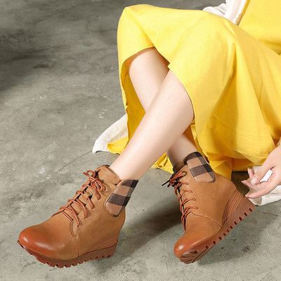 S200 Factory autumn and winter new lace-up wedge-heel trifle short-tube handmade women's boots increase stability and re