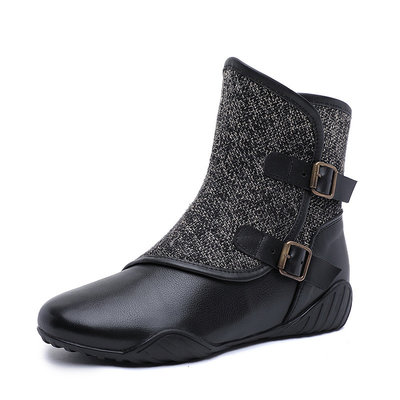 S202 Factory mid-tube flat-bottomed autumn and winter warm leather women's shoes fashion forest cotton and linen stitchi