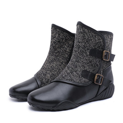 S202 Factory mid-tube flat-bottomed autumn and winter warm leather women's shoes fashion forest cotton and linen stitchi