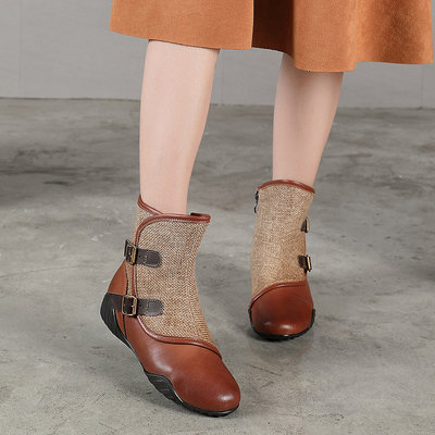 S202 Factory mid-tube flat-bottomed autumn and winter warm leather women's shoes fashion forest cotton and linen stitchi