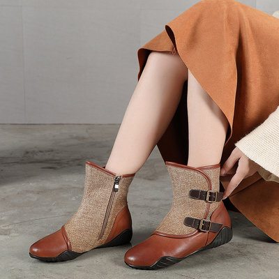 S202 Factory mid-tube flat-bottomed autumn and winter warm leather women's shoes fashion forest cotton and linen stitchi