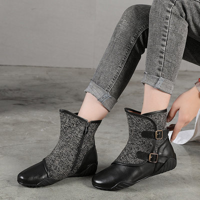 S202 Factory mid-tube flat-bottomed autumn and winter warm leather women's shoes fashion forest cotton and linen stitchi