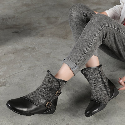 S202 Factory mid-tube flat-bottomed autumn and winter warm leather women's shoes fashion forest cotton and linen stitchi